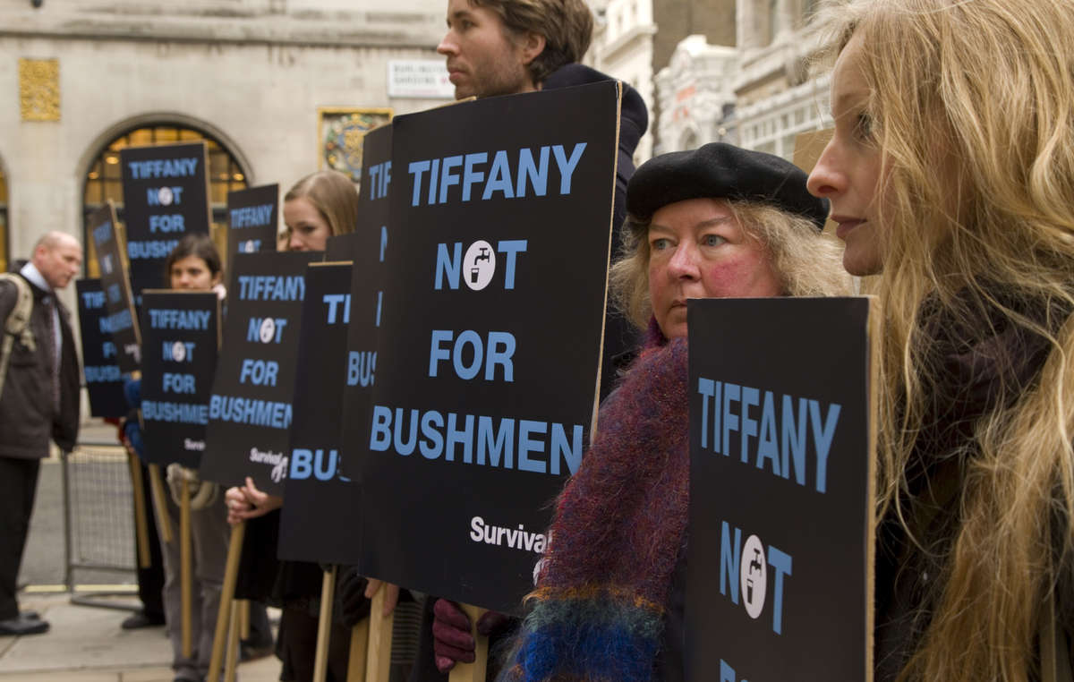 Protestors gather at Tiffany stores worldwide